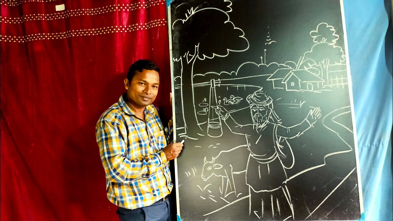 Village Scenery drawing with baul step by step / Baul scenery drawing ...