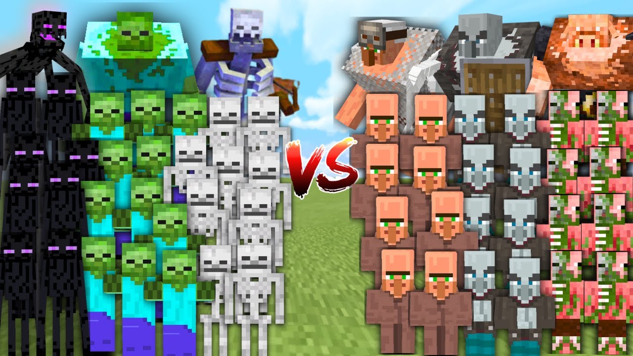 ZOMBIE SKELETON ENDERMAN vs VILLAGERS PILLAGER PIGLINS in Minecraft Mob ...