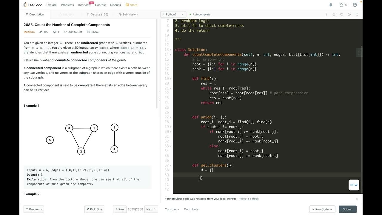 leetcode 2685. Count the Number of Complete Components - Union-Find Method with comments - YouTube