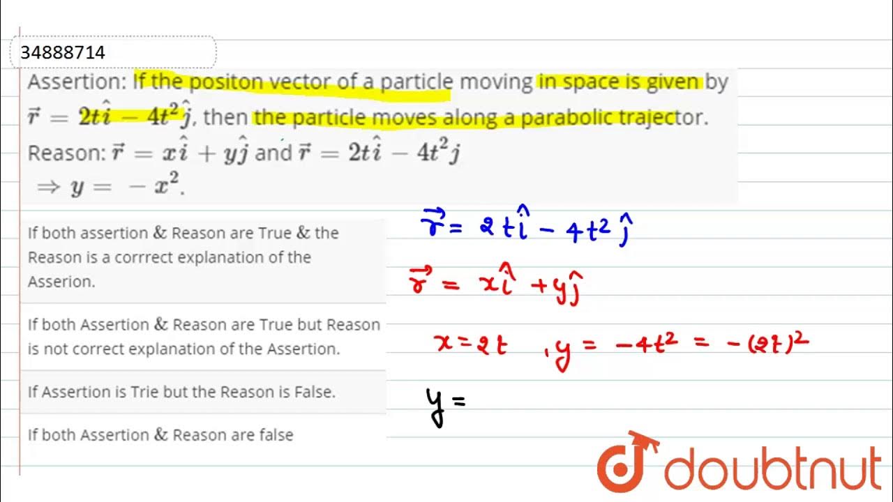 Assertion: If the positon vector of a particle moving in space is given by `vecr=2thati-4t^(2 ...