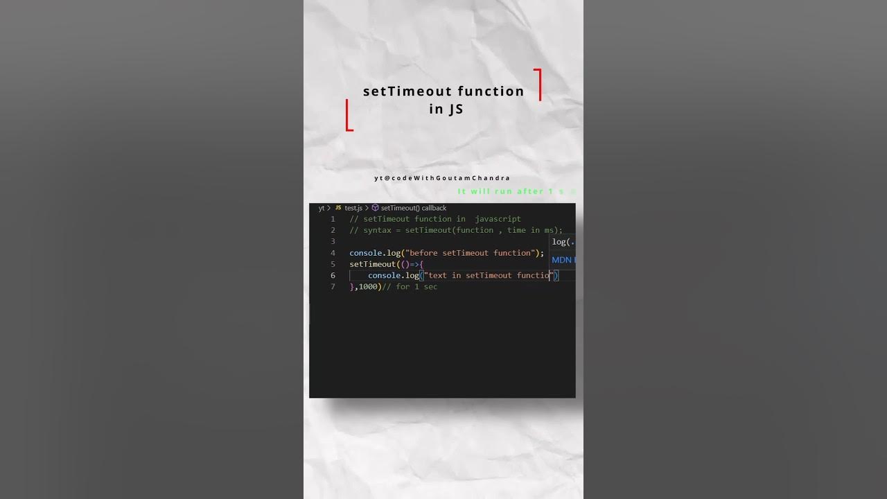 setTimeout function in #js || #coding #shortvideo #shorts #vscode #youtube #codinglife #music ...