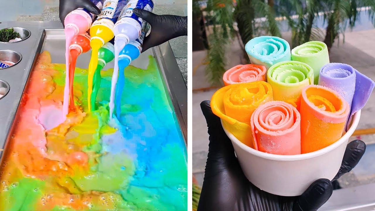RAINBOW Fruit Ice Cream Rolls | Colorful Ice Cream Synthesis ...