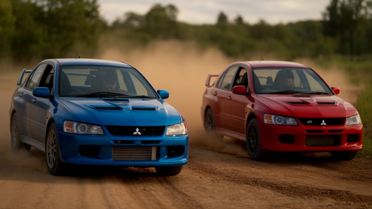 Back to off-road! Red Mitsubishi Lancer Evo vs. Blue Mitsubishi Lancer ...
