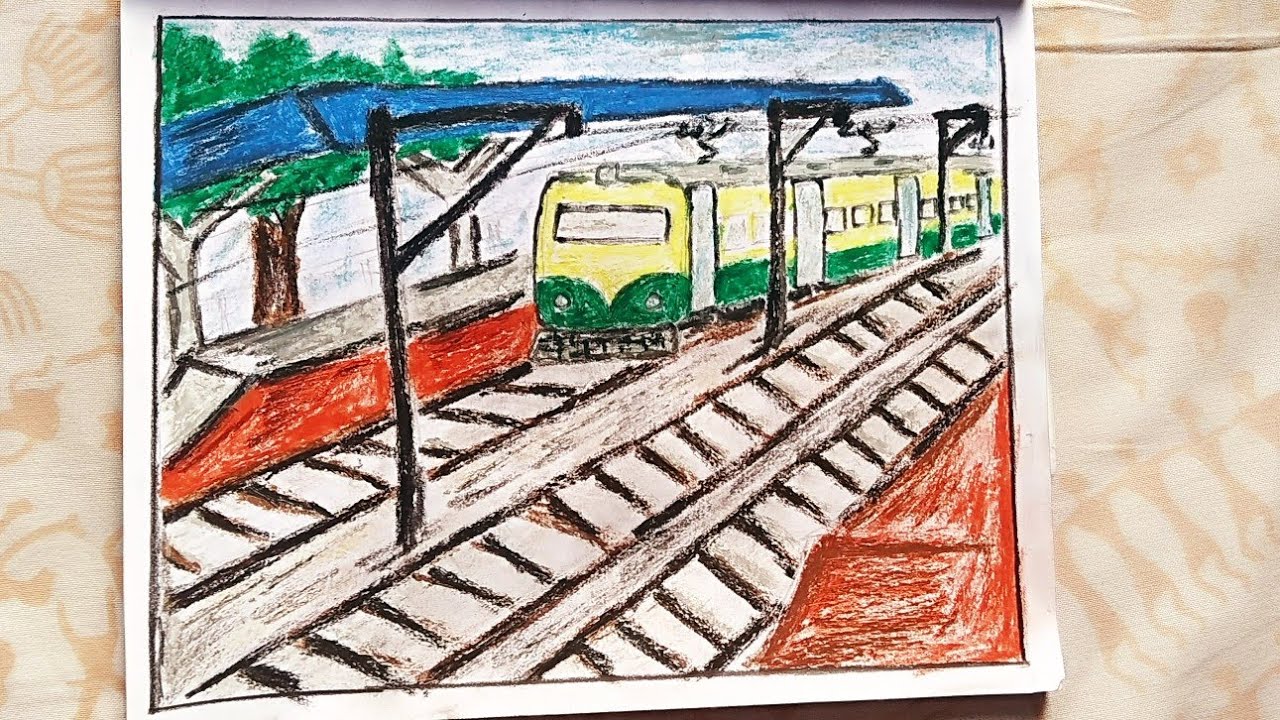 How to draw rail station Drawing| Train platform drawing | Rail Draw ...