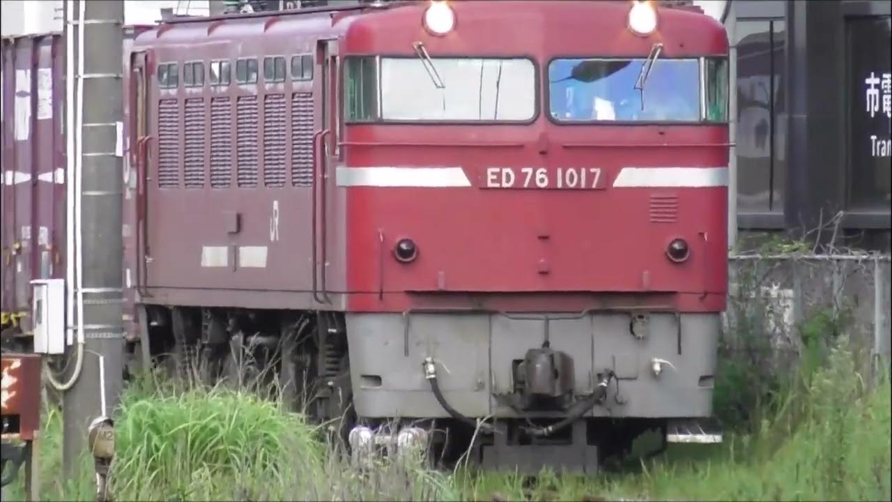 JR貨物 ED76 1017形 機関車が牽引する。大型コンテナ多数積載 堅馬場踏切 撮影日2024 7 19 - YouTube