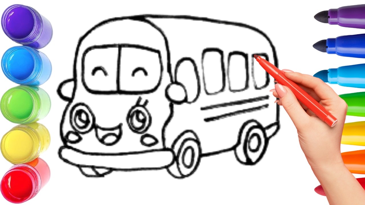 How To Draw cute bus Drawing, Painting & Coloring For Kids and Toddlers ...