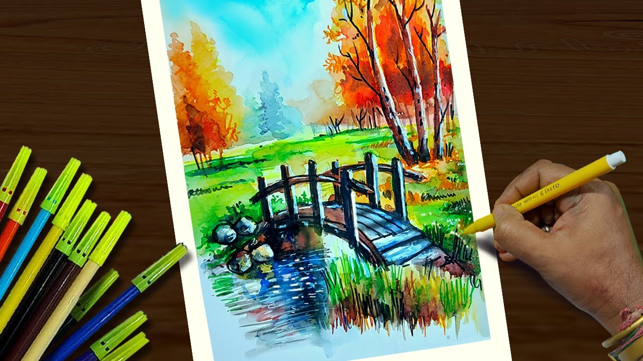 beautiful landscape drawing with sketch pen | Sketch Pen Drawing ...