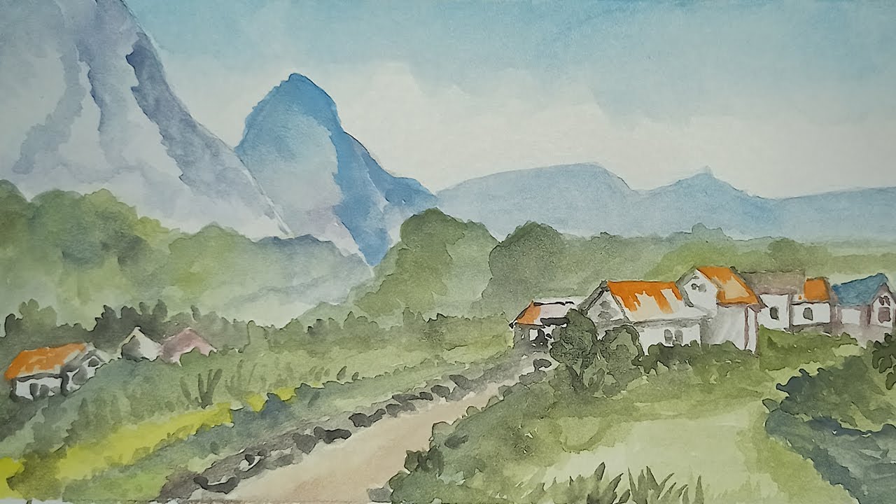 Watercolor Painting : Landscape, rumah dan gunung-gunung - YouTube