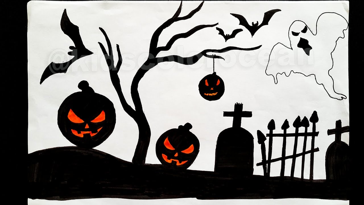 Draw SCARY Background for Halloween | Easy Halloween Drawing for Kids ...