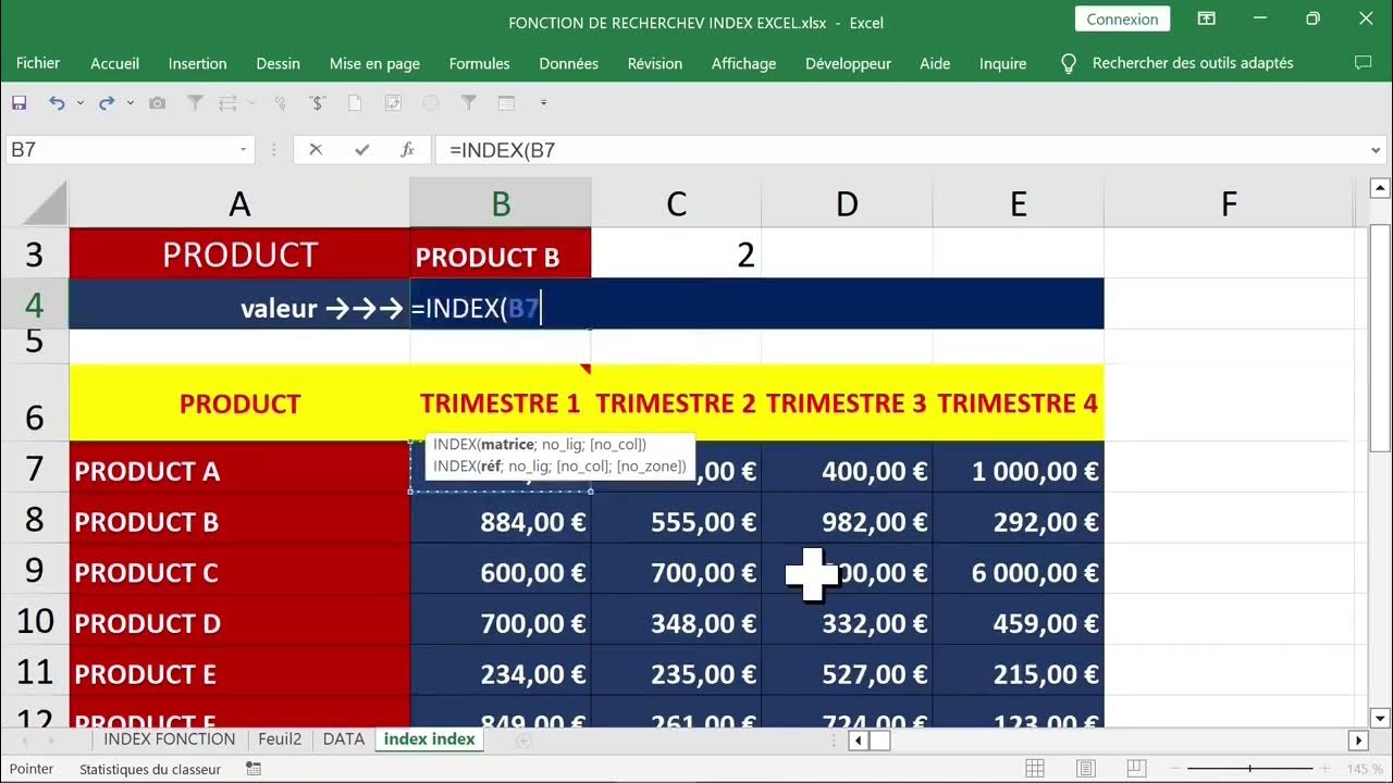 comment utiliser la fonction INDEX sur EXCEL - YouTube