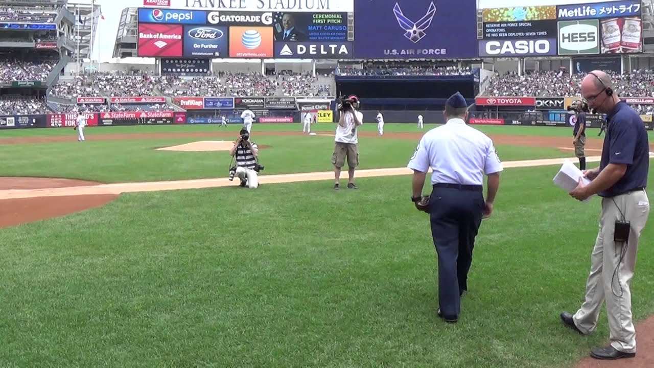 Chief Master Sgt. Matt Caruso from AFSOC throwing first pitch at Yankee ...
