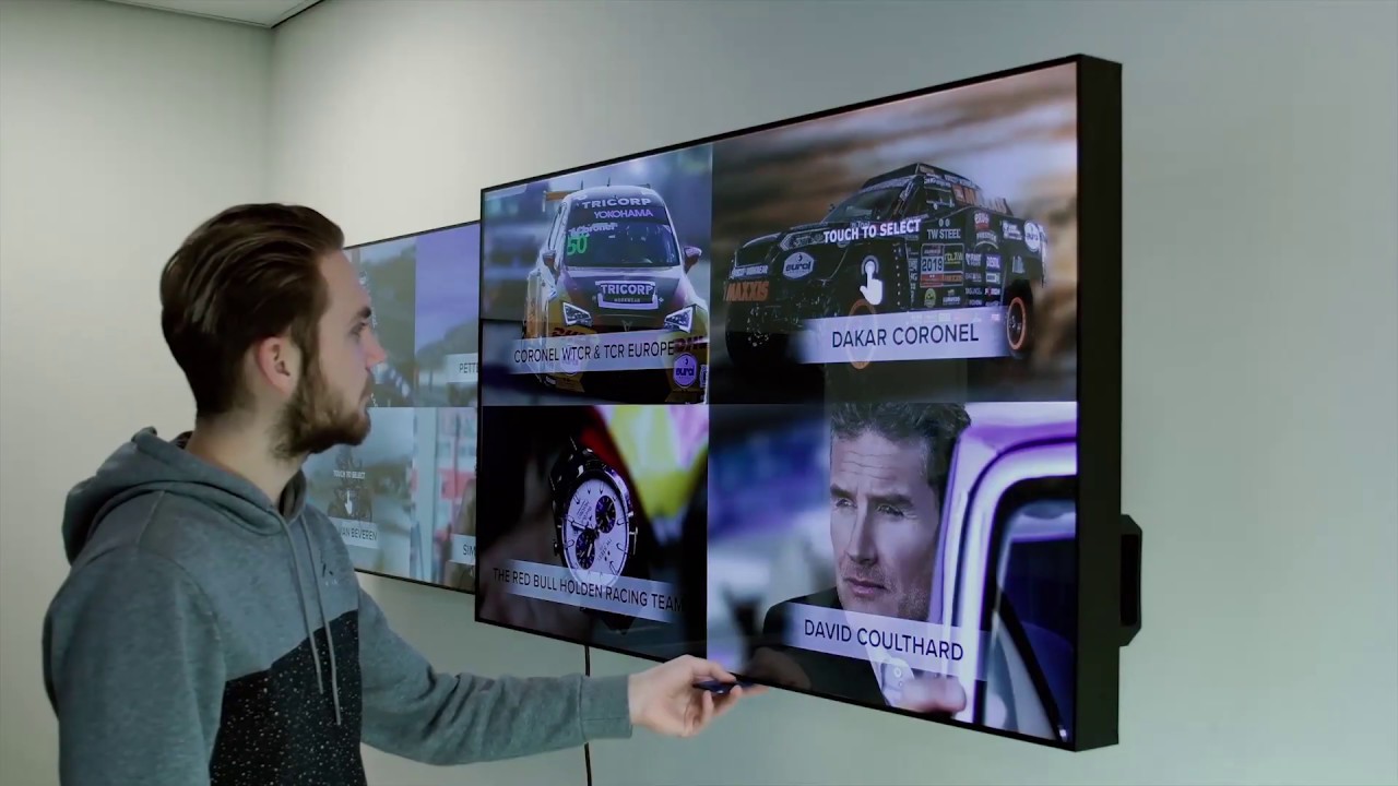 Prestop's electrically moveable video wall touchscreens - YouTube
