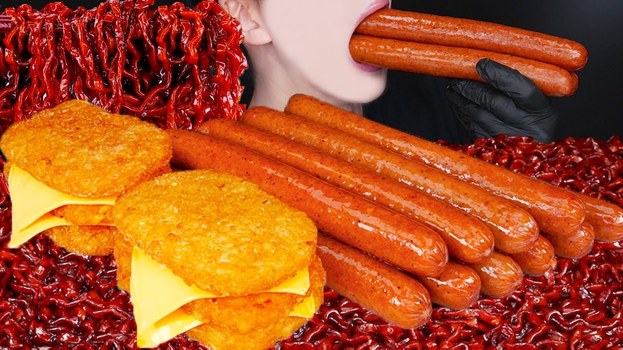 ASMR SAUSAGE CHEESE HASH BROWNS BLACK BEAN NOODLES COOKING MUKBANG 먹방 ...
