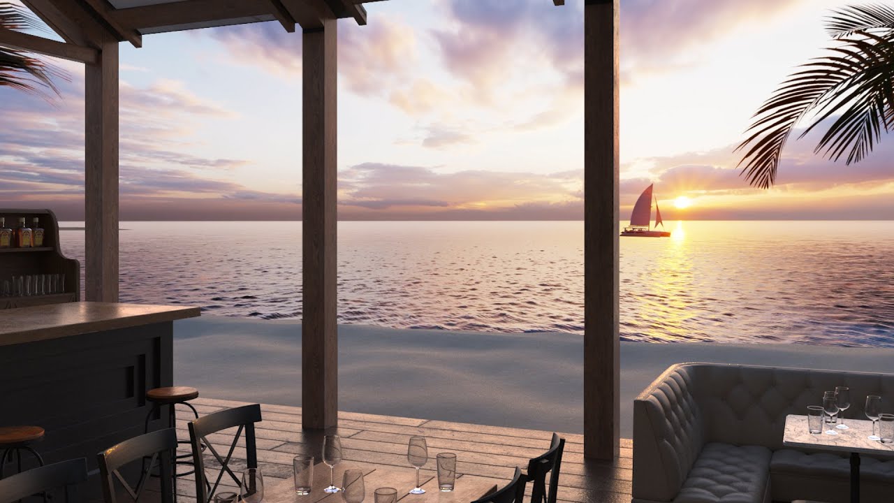 Seaside cafe ambience at sunset with jazz music | Relaxing waves sounds ...