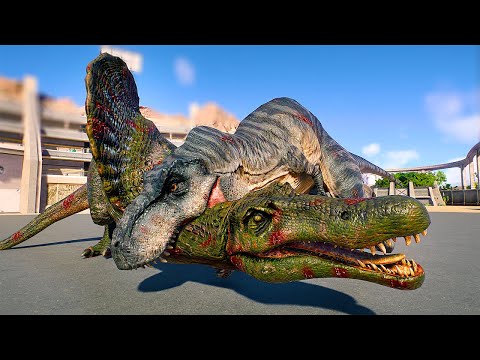 2x T-REX vs 2x SPINOSAURUS vs 2x GIGANOTOSAURUS (Dinosaurs Battle) - Jurassic World Evolution 2
