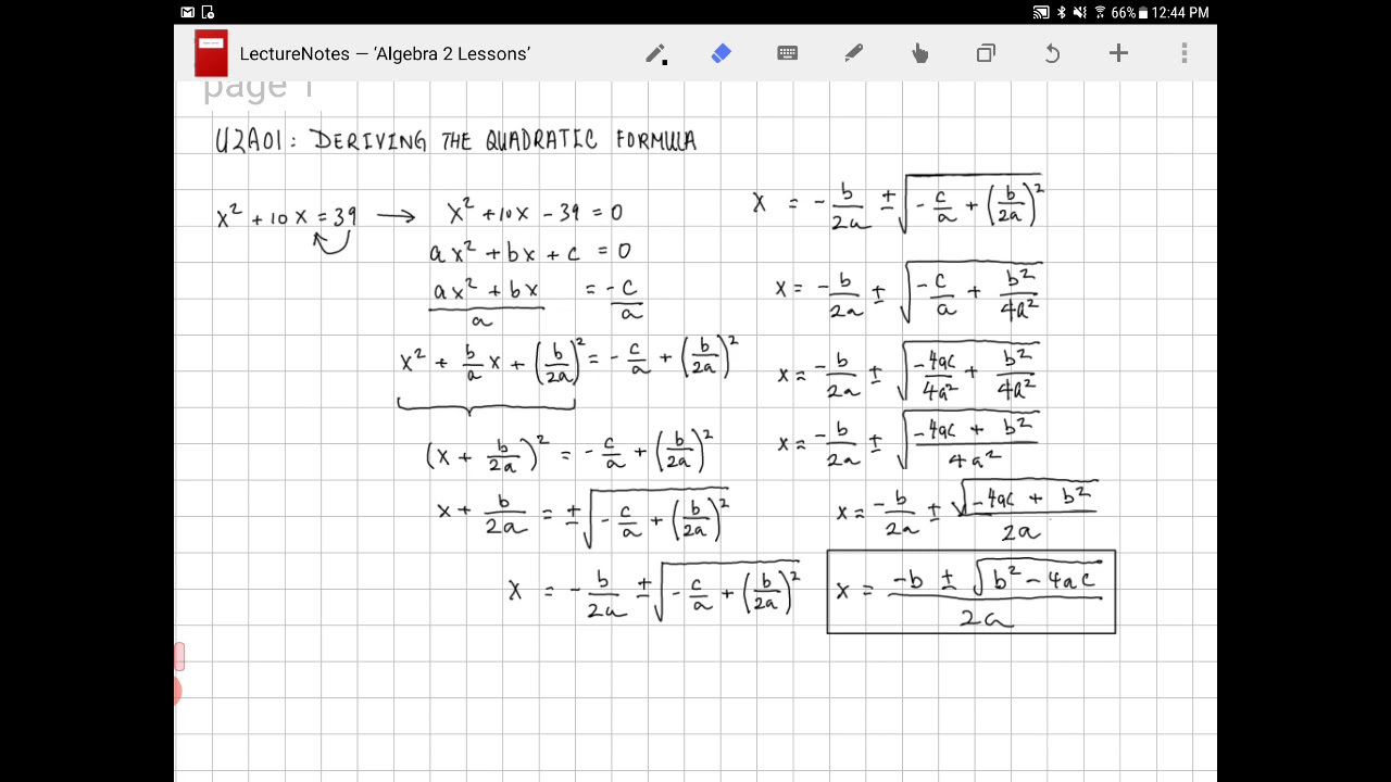 Algebra 2 U2A01 Part 2 derivation of the axis of symmetry formula for ...