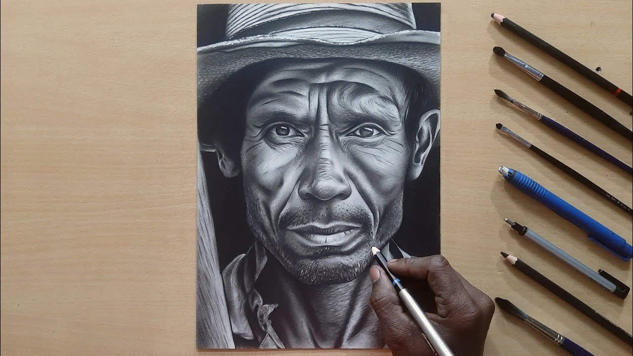 "Hyper-Realistic Drawing Timelapse | Portrait of an old man in charcoal ...