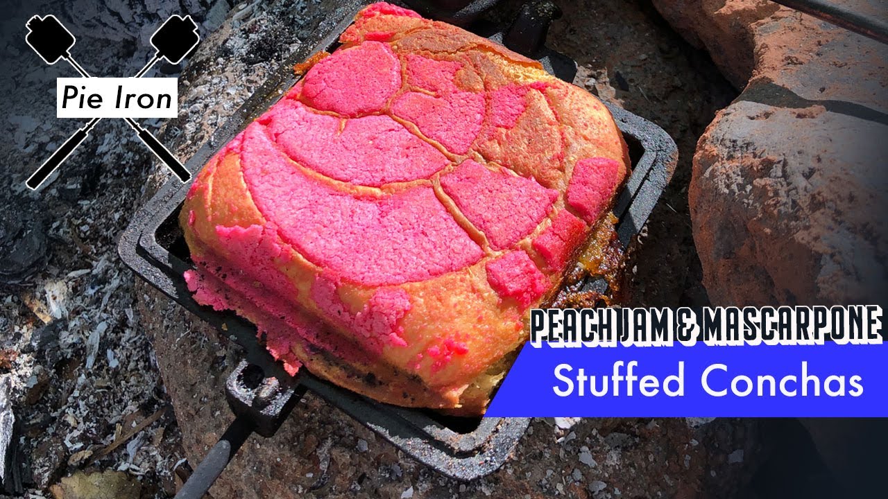 Pieiron peach jam and mascarpone stuffed conchas, toasted over campfire ...