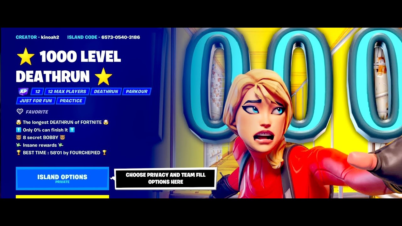FORTNITE⭐ 1000 LEVEL DEATHRUN BY KINOAH ⭐8 SECRET BOBBY + VIP ROOM ...