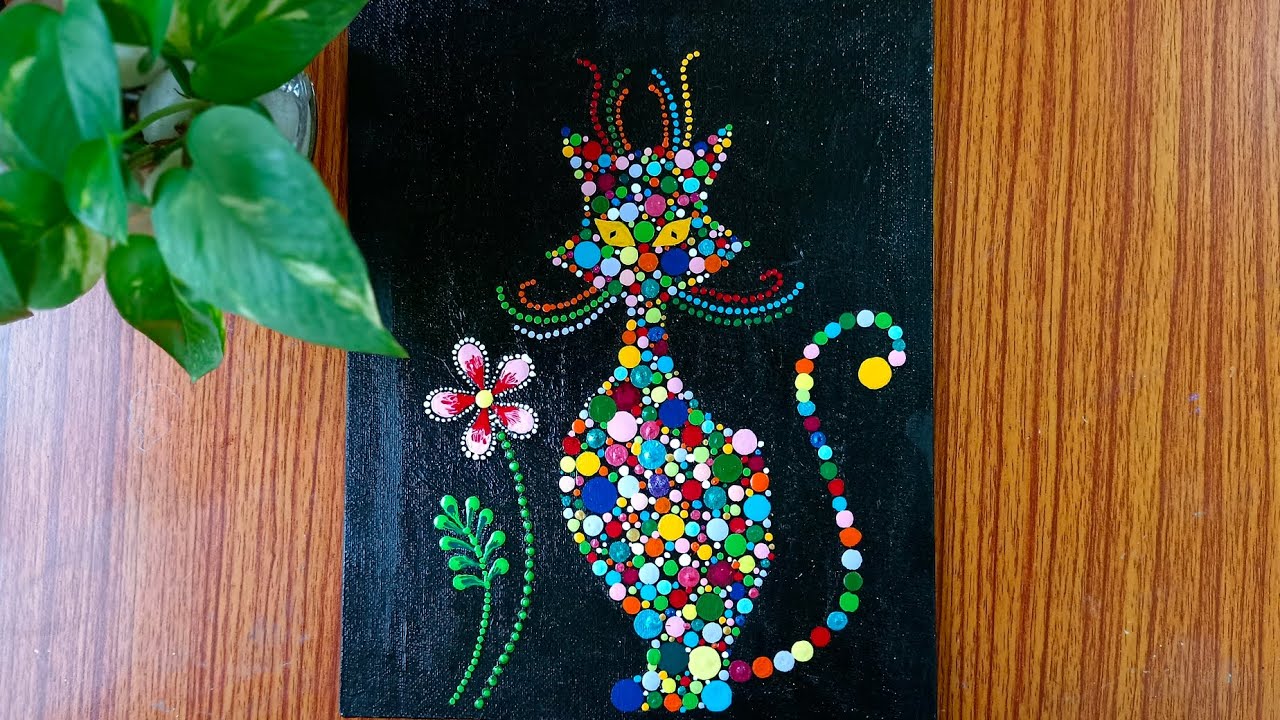 Dot art on black canvas | Acrylic dot art | Colourful cat | - YouTube