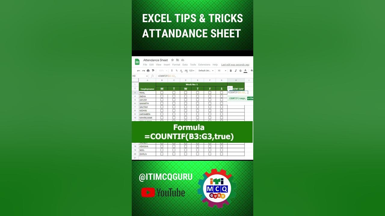 Excel Tips And Tricks Attendance Sheet Shorts Youtubeshorts Excelformula Exceltricks