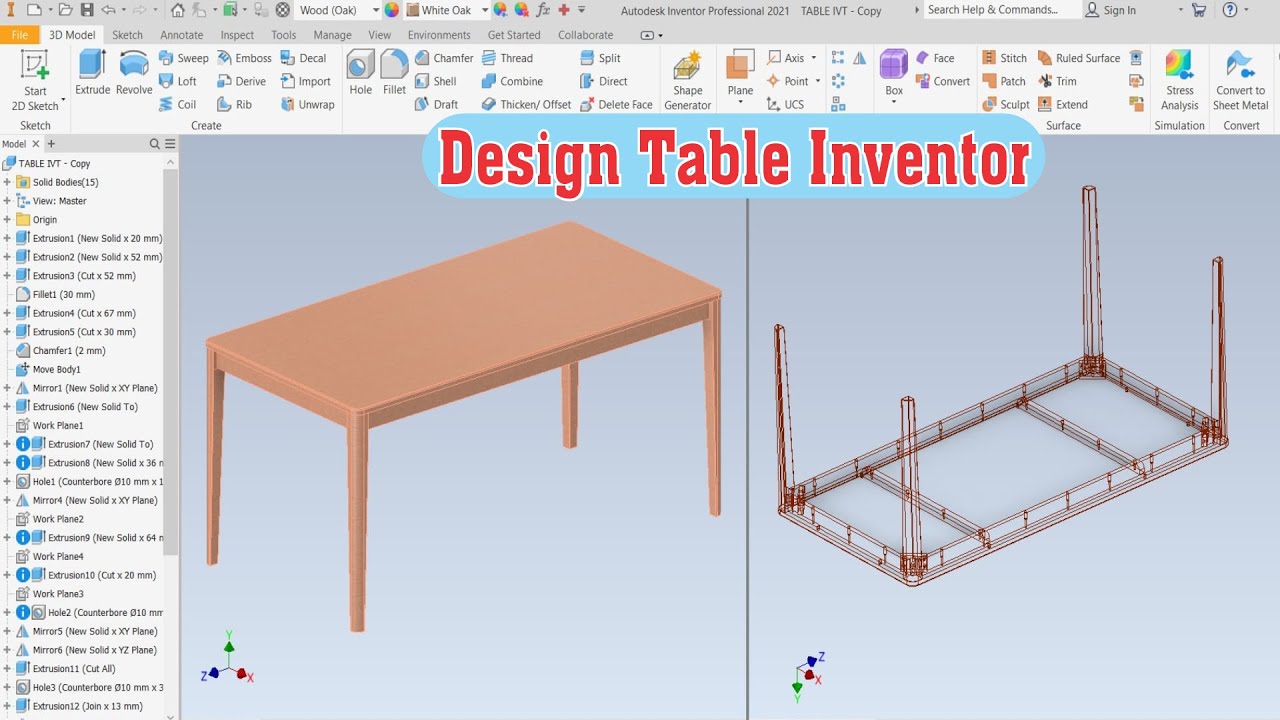 Vẽ bàn trong inventor/table design inventor, học inventor ngành gỗ ...