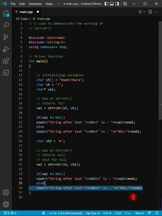 C++ code to demonstrate the working of strrchr() - YouTube