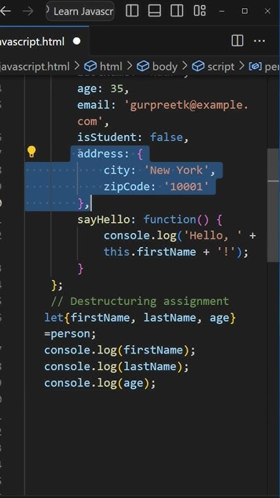 16 60 Object Destructing In Javascript Shorts Ytshort Webdevelopment Webdesign Javascript
