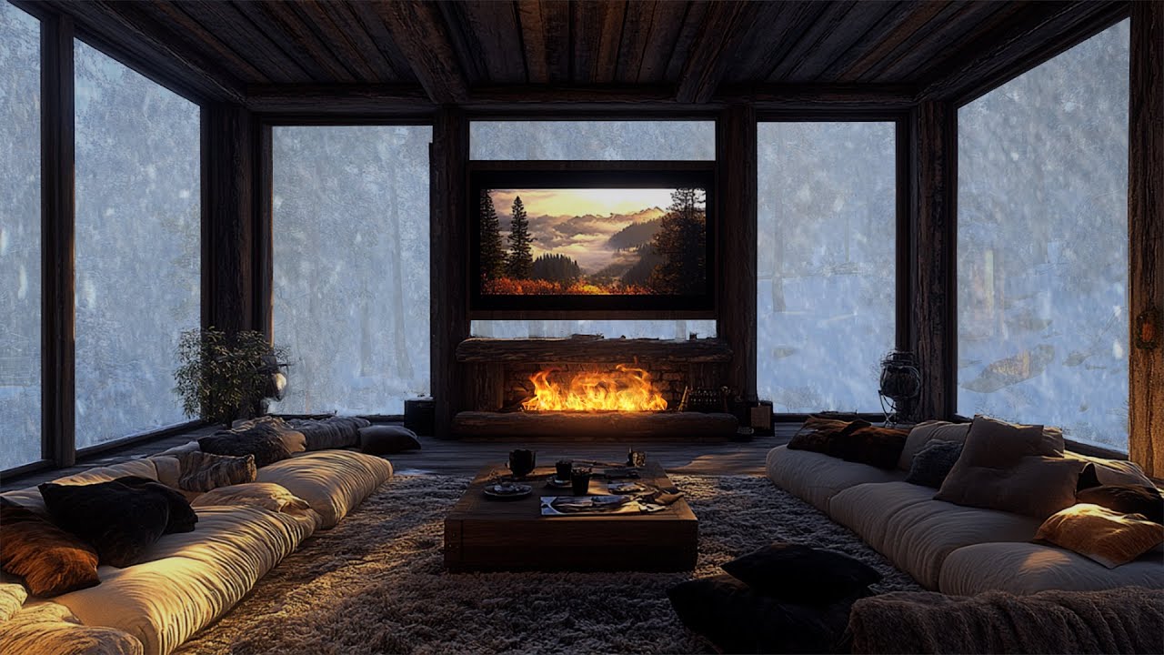 Warm Winter Living Room, Crackling Fire, Snowstorm Outside the Window ...