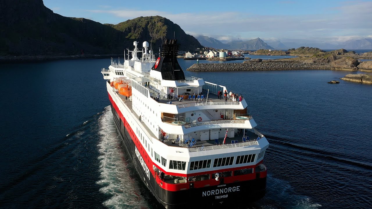 Hurtigruten ship arrives in Stamsund, Lofoten, NORWAY | 4K drone video ...