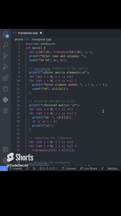C Program to Find Transpose of a Matrix #shorts - YouTube