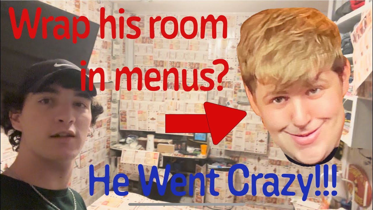 Wrapping my roommates room in menus!!!! - YouTube