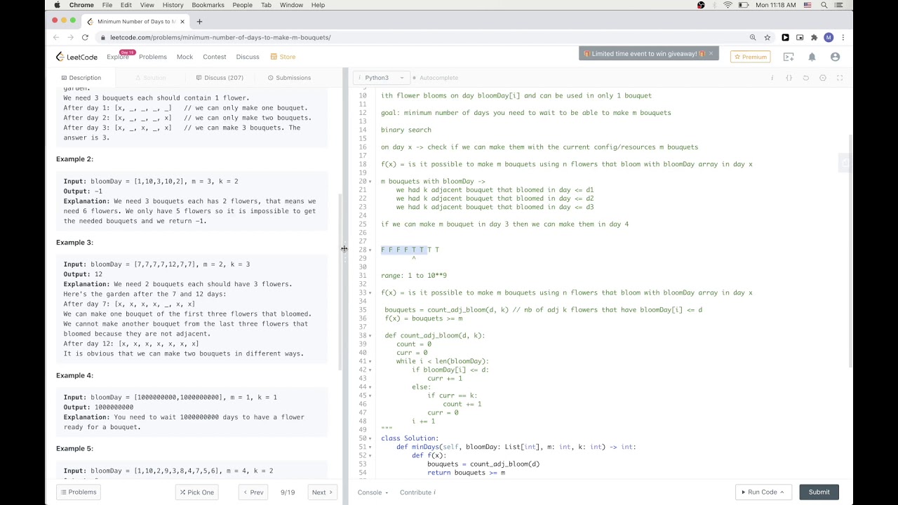Live Coding Leetcode 1482 Minimum Number Of Days To Make M Bouquets 7570