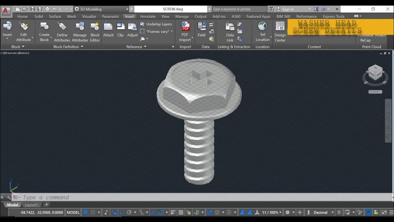 WASHER HEAD SCREW DETAILS (3D Autocad Drawing) - YouTube