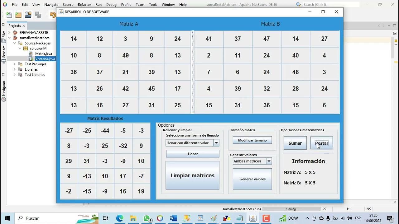 PROGRAMA EN JAVA - SUMA Y RESTA DE DOS MATRICES. - YouTube