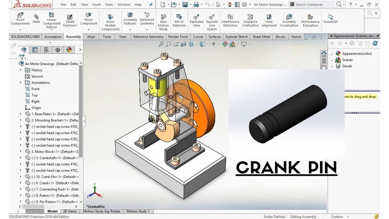 SolidWorks Air Motor Assembly - 10. Crank Pin - YouTube