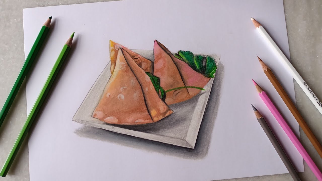 Samosa drawing with Dom's coloured pencils | how to draw Indian dish ...