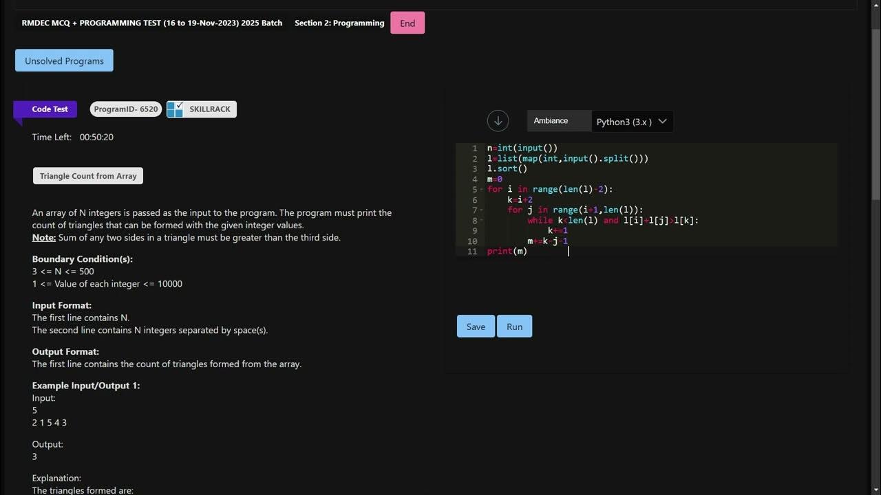 Skillrack Mcq Programming Test 16 To 19 Nov 2023 2025 Triangle Count From Array