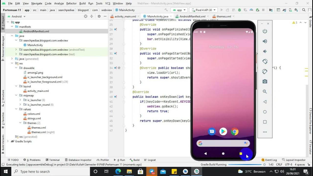 Hasil Running Membuat WEBVIEW Pada Android Studio - YouTube