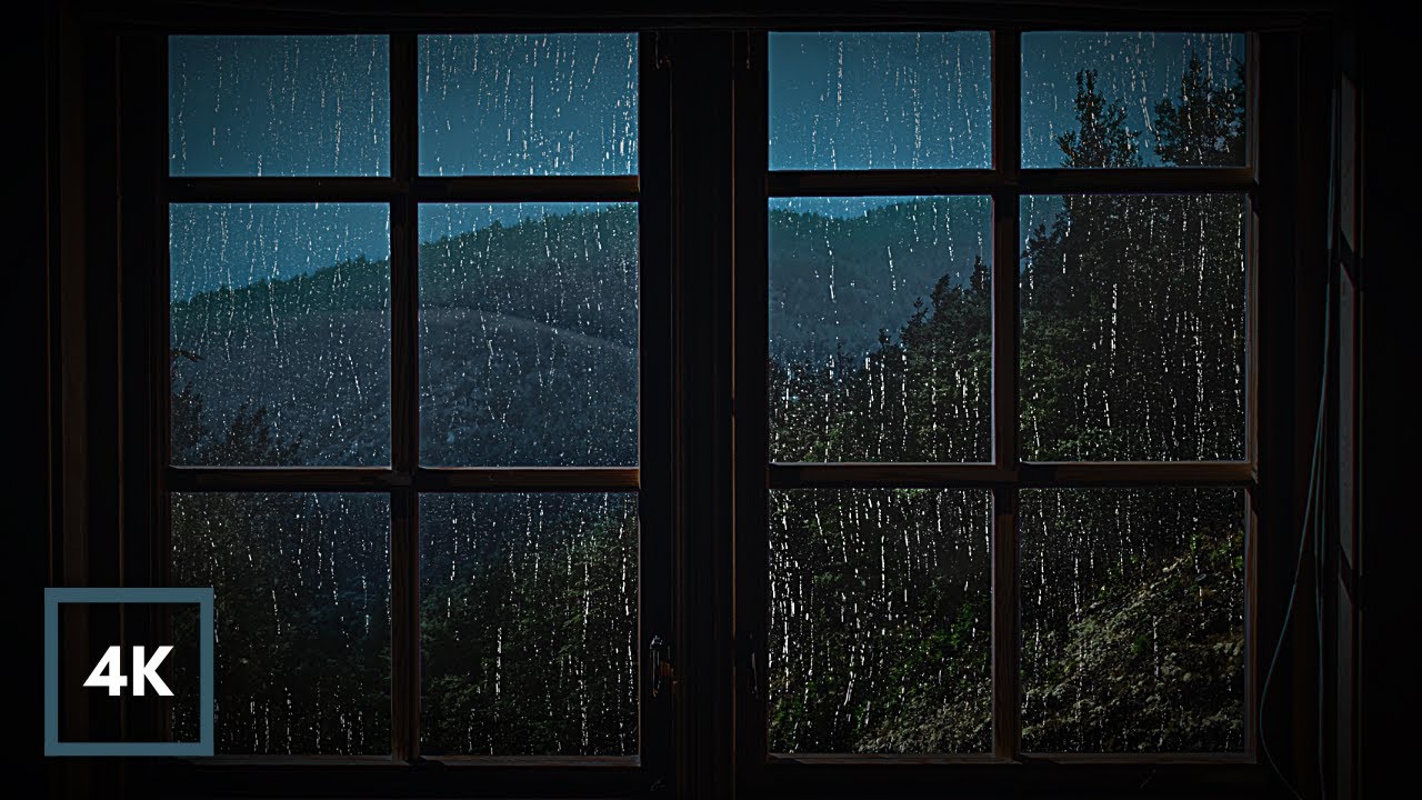 Rain and Thunder on Window of Cabin in Woods. Sleep to Thunderstorm ...