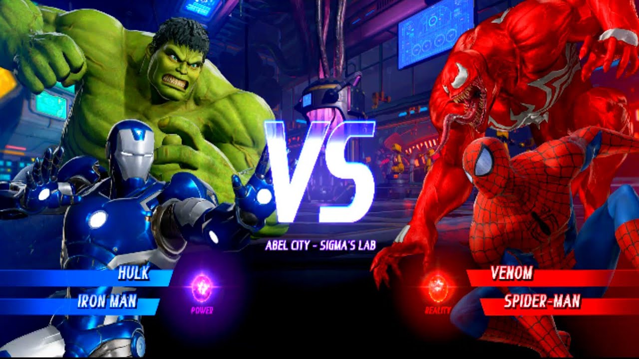 Hulk & Blue Iron Man Vs Red Venom & SpiderMan (Very Hard)AI Marvel vs ...