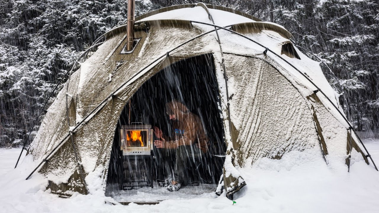 Hot Tent Camping In Snow Storm - YouTube