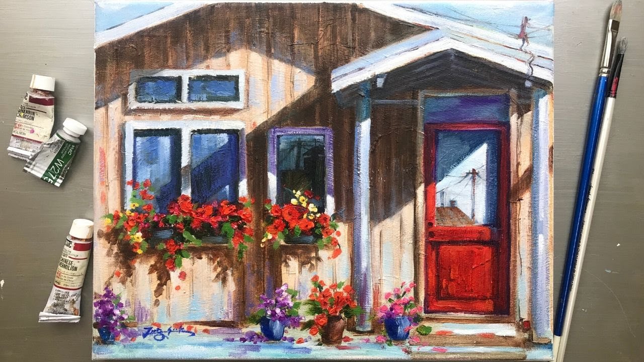 Oil Painting - Cozy House With Window Flowers and Red Door-Tutorial ...