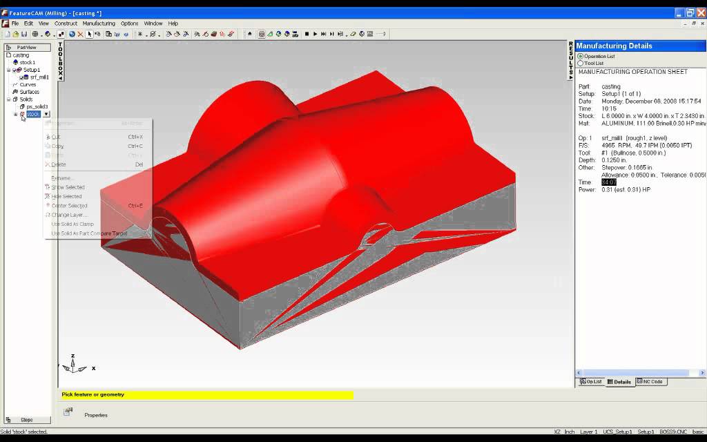 Stock Solid Trimmed - FeatureCAM 2009 - YouTube
