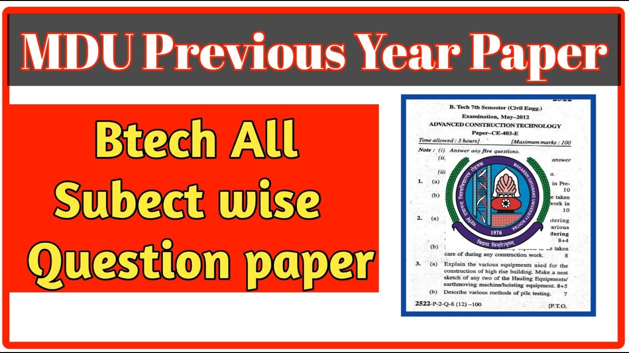 MDU b.tech all branch previous year question paper | MDU question paper ...