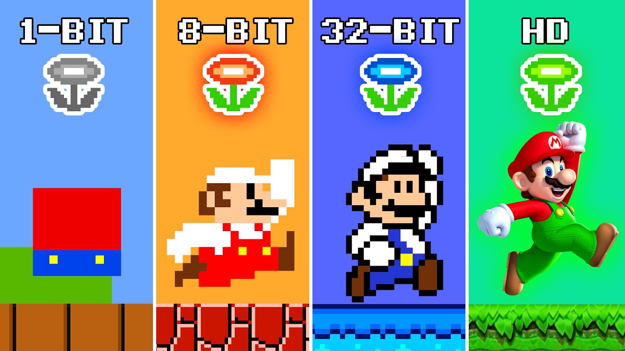 8BIT CHALLENGE: What If Super Mario Bros. 1-BIT vs 8-BIT vs 32-BIT vs ...