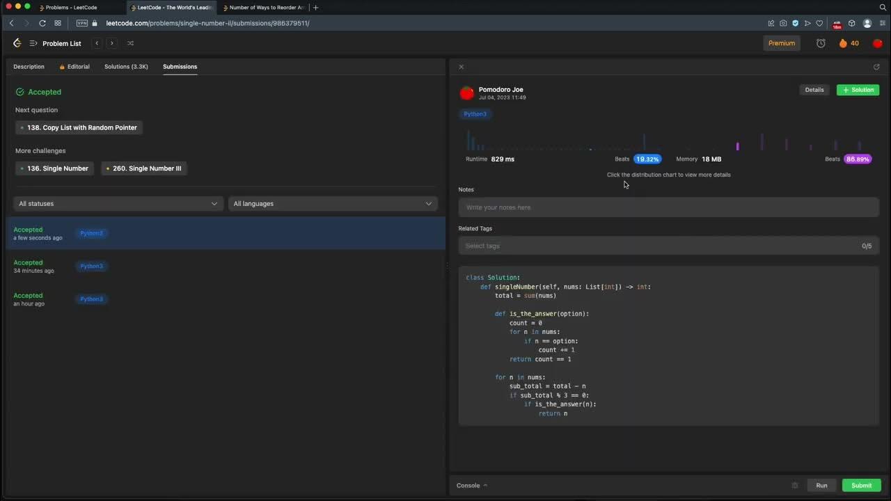 Pomodoro Joe - LeetCode 137 - med - - YouTube