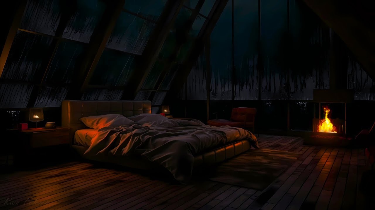 No Ads, Just Rain on Windows of Cozy Attic Bedroom at Night w ...