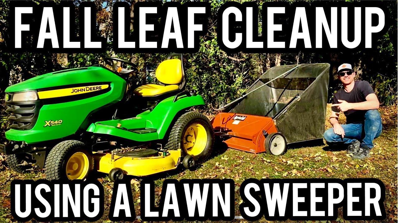 Fall leaf cleanup using a lawn sweeper - YouTube
