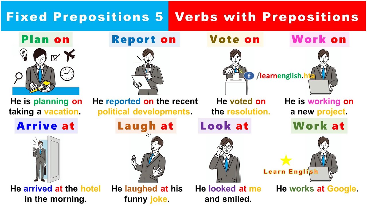 English Grammar: Fixed Prepositions 5 on, at - 100 Verbs with ...